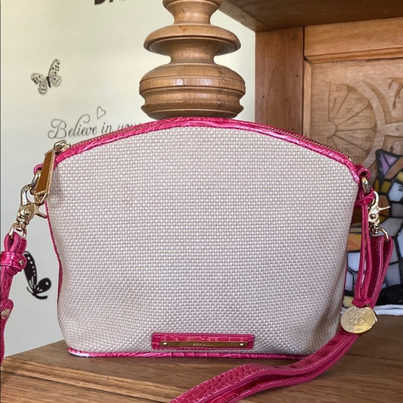 Brahmin | Bags | Brahmin Beige Fabric And Pink Melbourne Trim Crossbody ...